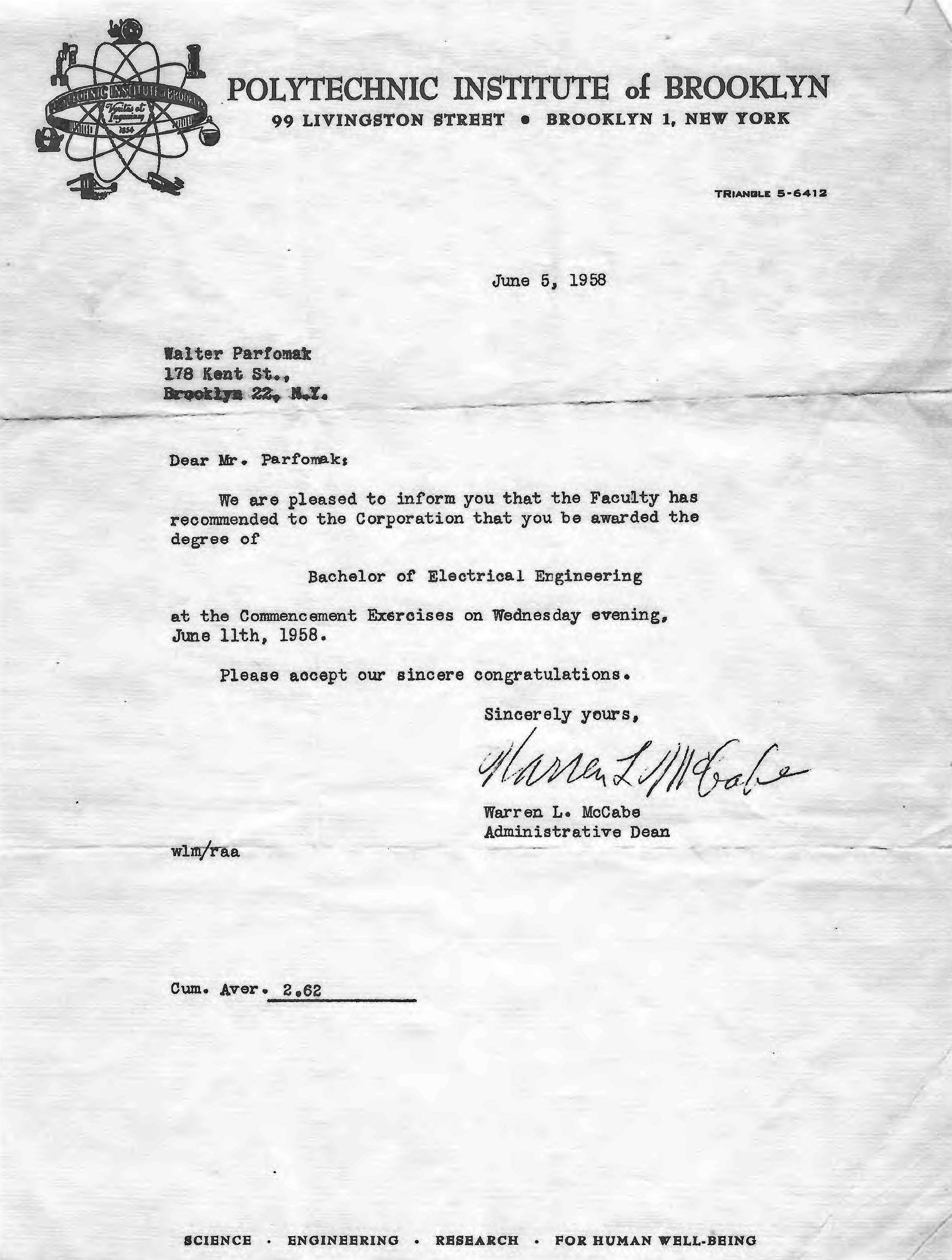 1958 — Brooklyn Polytechnic – Walter Parfomak: An Immigrant Story